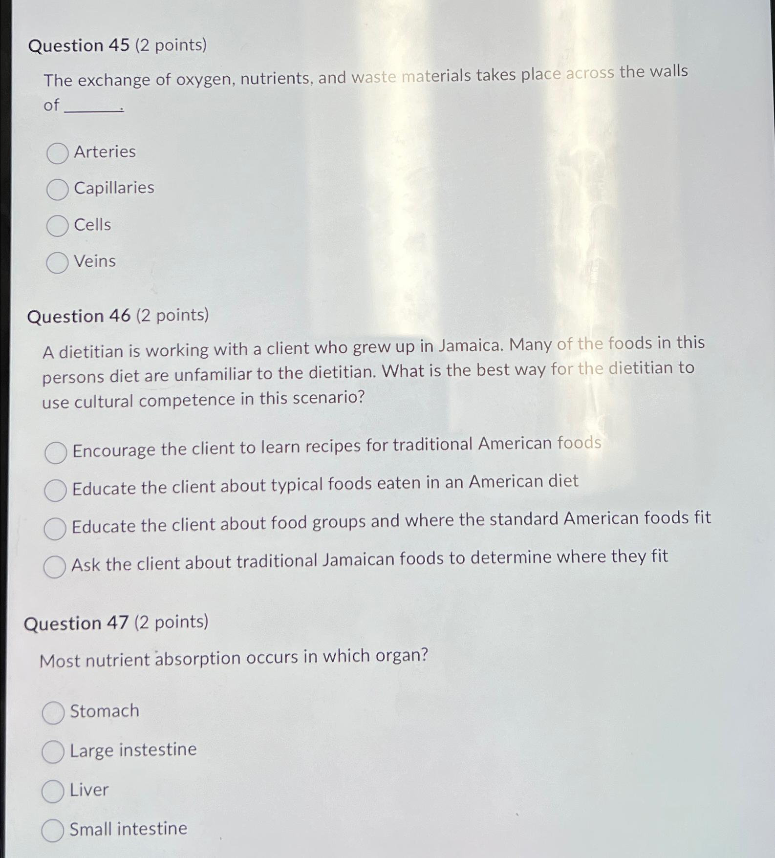 Solved Question 45 (2 ﻿points)The exchange of oxygen, | Chegg.com