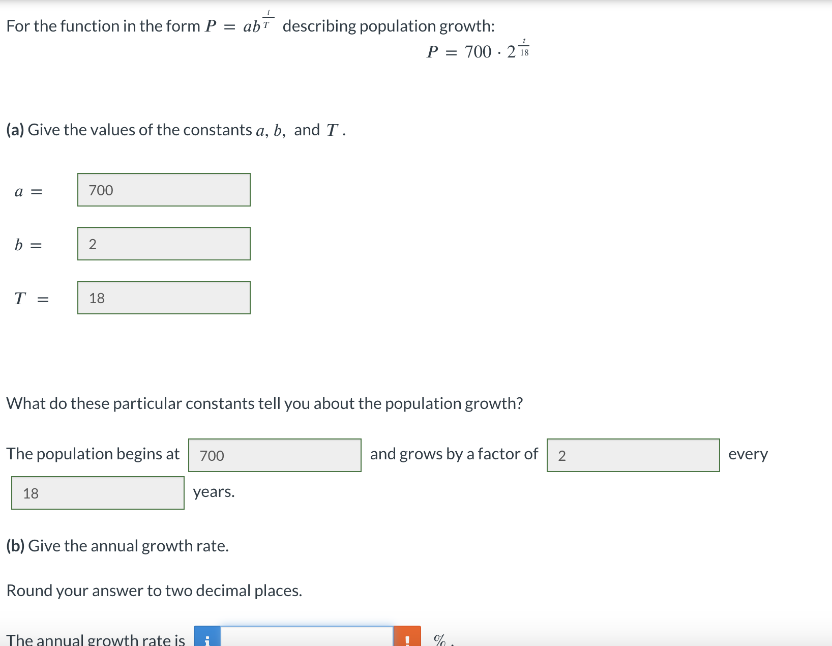 Solved For the function in the form P=abtT ﻿describing | Chegg.com