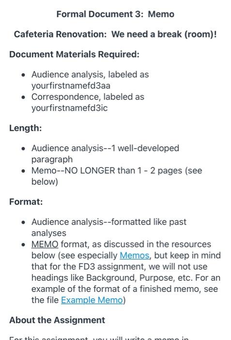 Formal Document 3: Memo Cafeteria Renovation: We need | Chegg.com