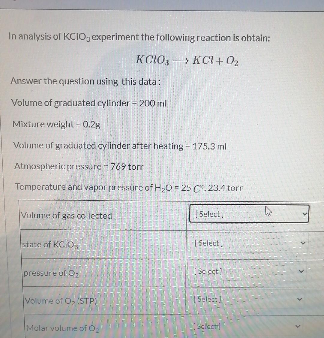 Solved In analysis of KCIO3 experiment the following | Chegg.com