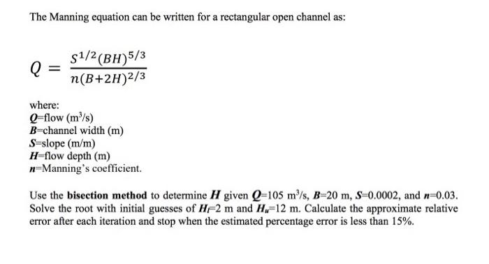 Solved The Manning equation can be written for a rectangular | Chegg.com