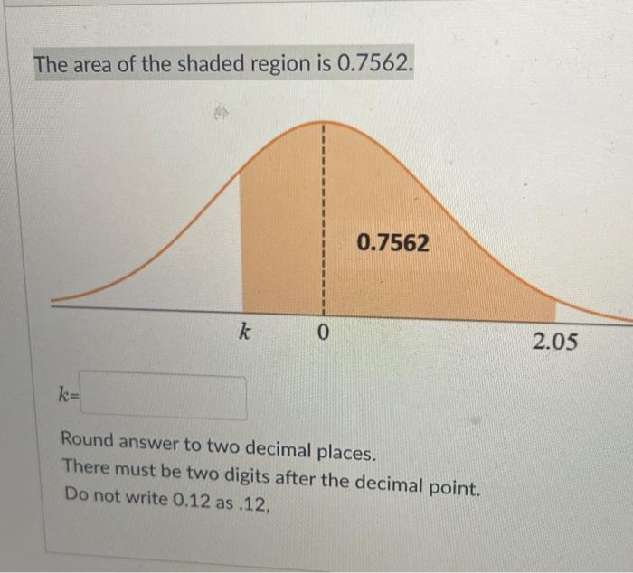 Solved The area of the shaded region is 0.7562. k= Round | Chegg.com
