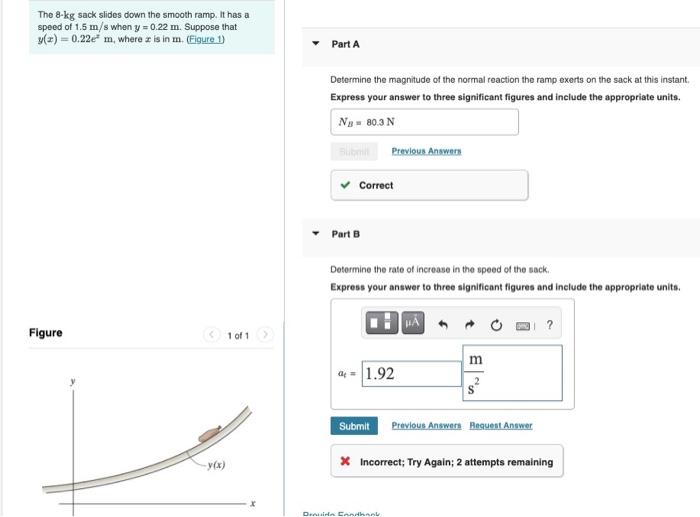 Solved The 8-kg sack slides down the smooth ramp. It has a | Chegg.com