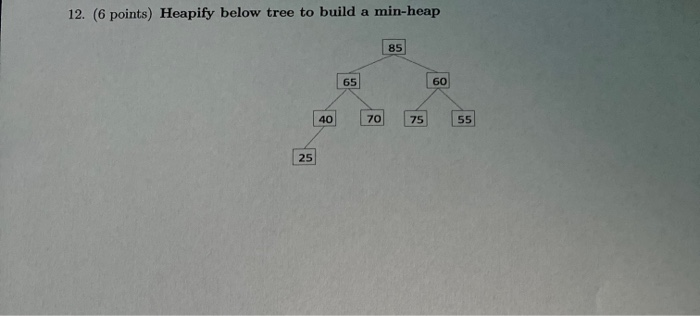 Solved 12. (6 points) Heapify below tree to build a min-heap | Chegg.com