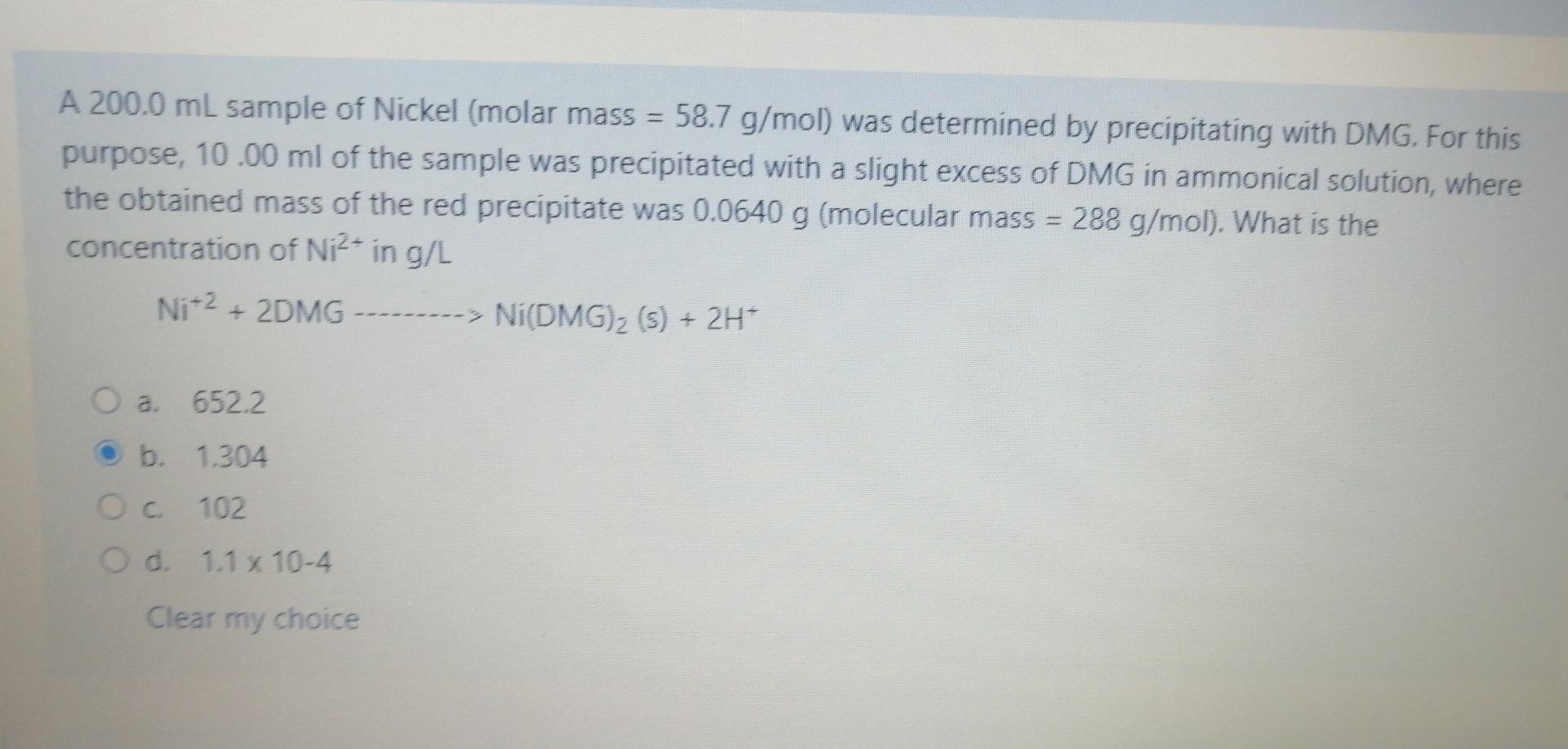 Solved A 200.0 mL sample of Nickel (molar mass = 58.7 g/mol) | Chegg.com