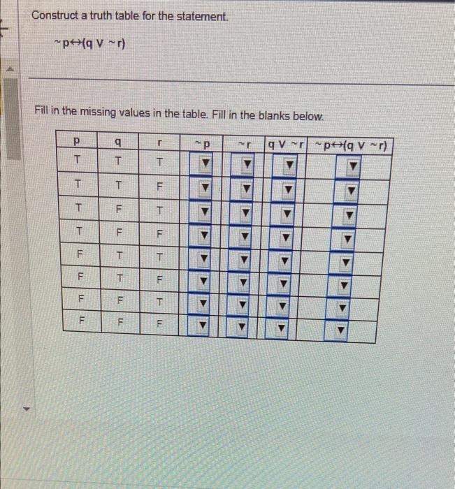 Solved Construct a truth table for the statement. ∼p↔(q∨∼r) | Chegg.com