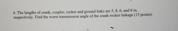 Solved 4. The lengths of crank, coupler, rocker and ground | Chegg.com
