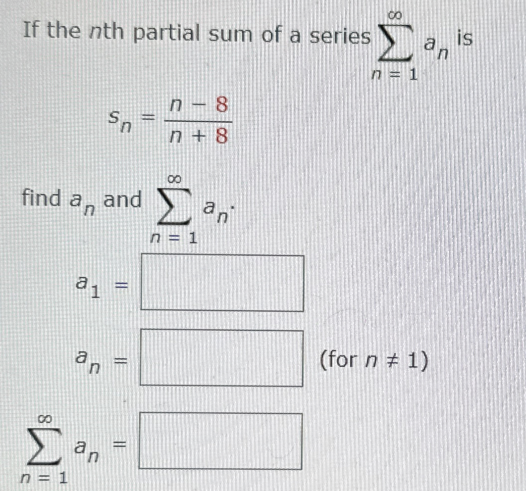 Solved If the nth partial sum of a series ∑n=1∞an | Chegg.com