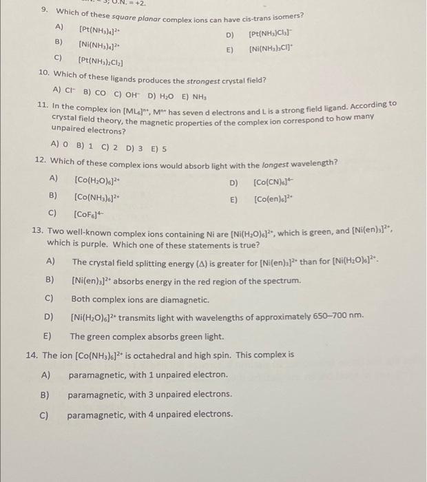 Solved 9. Which of these square planar complex ions can have | Chegg.com