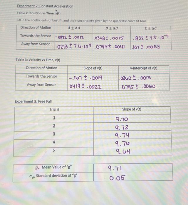 Experiment 2: Constant Acceleration Table 2: Position | Chegg.com