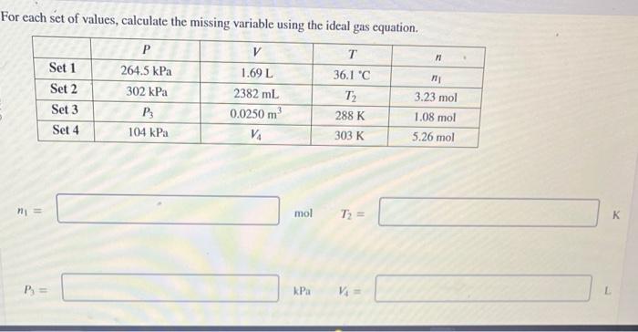 Solved For each set of values, calculate the missing | Chegg.com