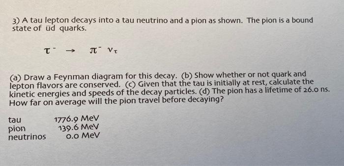Solved 3) A tau lepton decays into a tau neutrino and a pion | Chegg.com