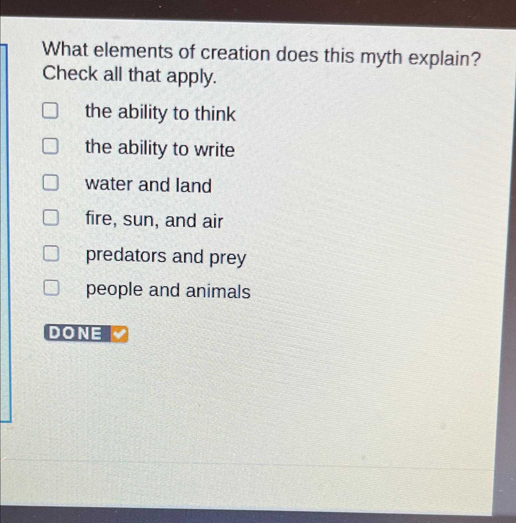 Solved What elements of creation does this myth explain? | Chegg.com