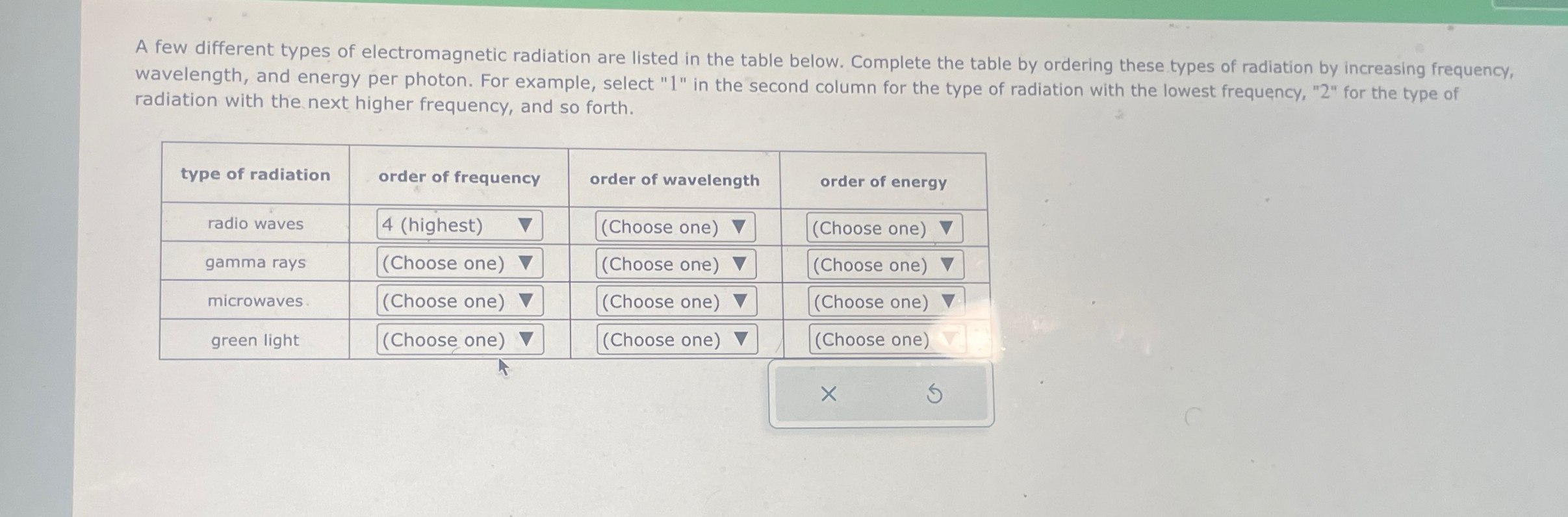 Solved A few different types of electromagnetic radiation | Chegg.com