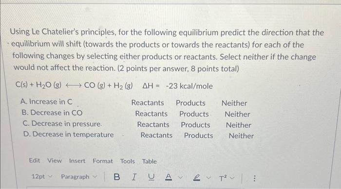 Solved Using Le Chatelier's principles, for the following | Chegg.com
