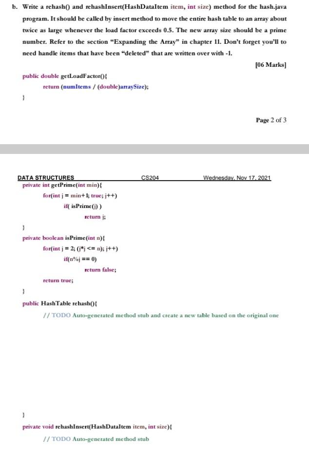 Solved b. Write a rehash() and rehashInsert(HashDataItem | Chegg.com