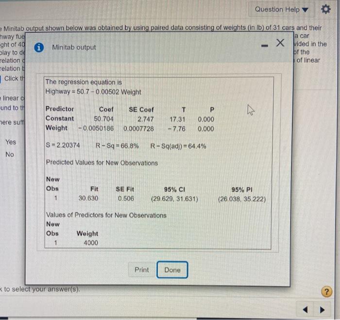 Solved Question Help The Minitab output shown below was | Chegg.com