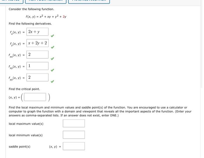 Solved Consider the following function. f(x,y)=x2+xy+y2+2y | Chegg.com