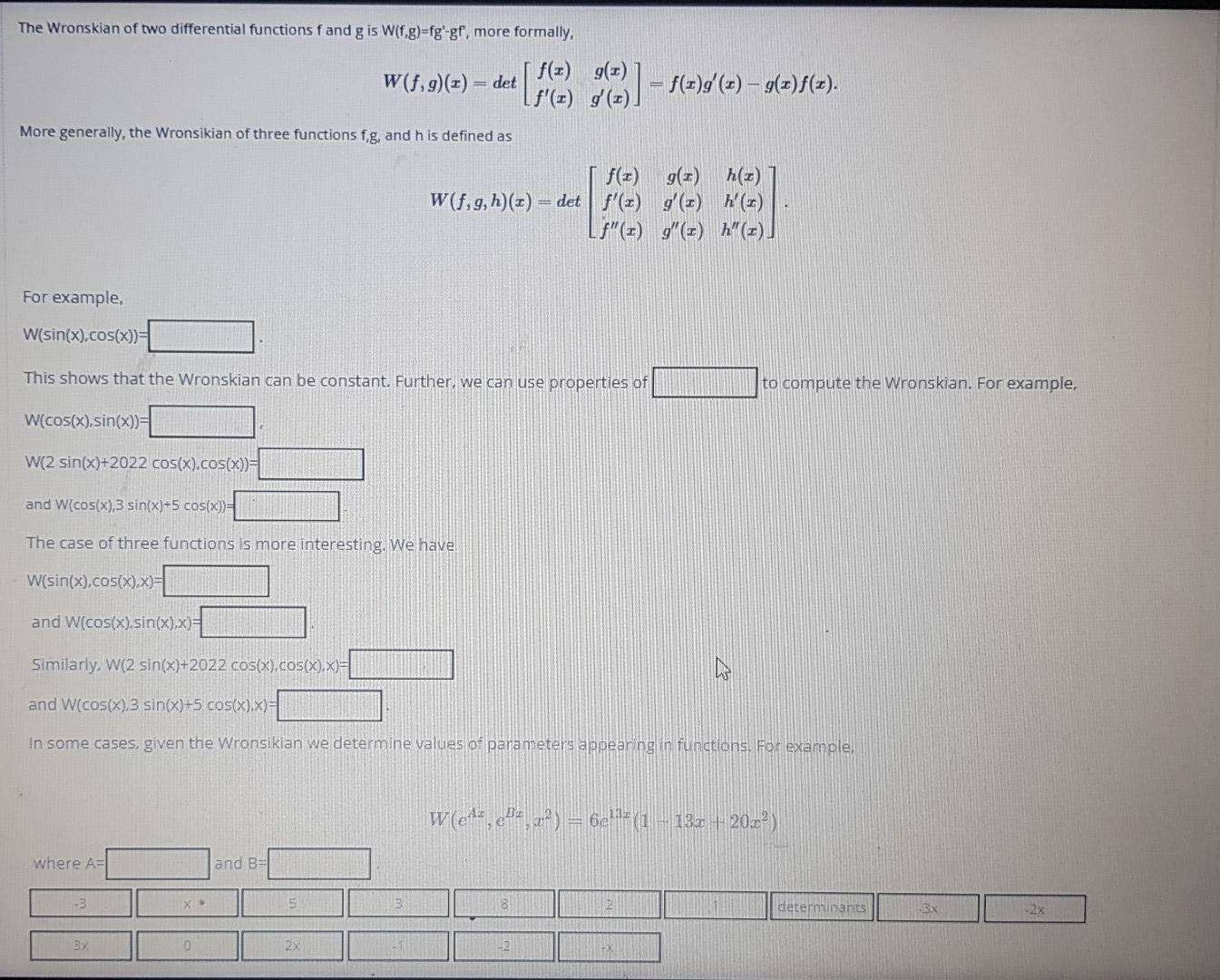 Solved The Wronskian of two differential functions f and g | Chegg.com
