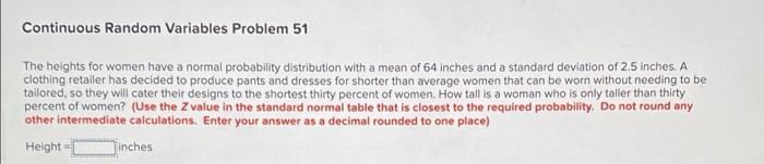 Solved Continuous Random Variables Problem 51 The heights | Chegg.com
