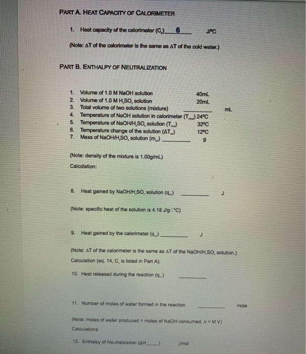 Solved PART A. HEAT CAPACITY OF CALORIMETER 1. Heat capacity | Chegg.com