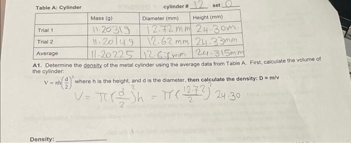 Solved Table A: Cylinder cylinder #12 set A1. Determine the | Chegg.com