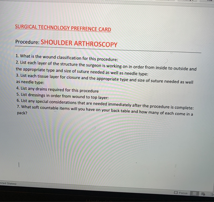 Solved SURGICAL TECHNOLOGY PREFRENCE CARD Procedure: | Chegg.com