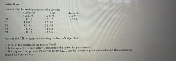 Solved Instructions Consider the following snapshot of a | Chegg.com