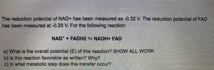 Solved The reduction potential of NAD+ has been measured as | Chegg.com