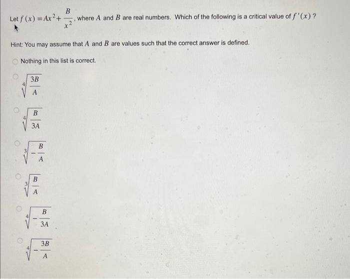 Solved Let f(x)=Ax2+x2B, where A and B are real numbers. | Chegg.com