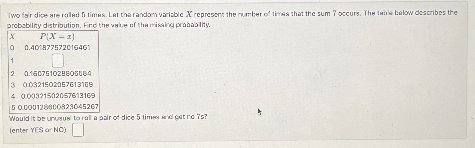 Solved Two fair dice are rolled 5 ﻿times. Let the random | Chegg.com