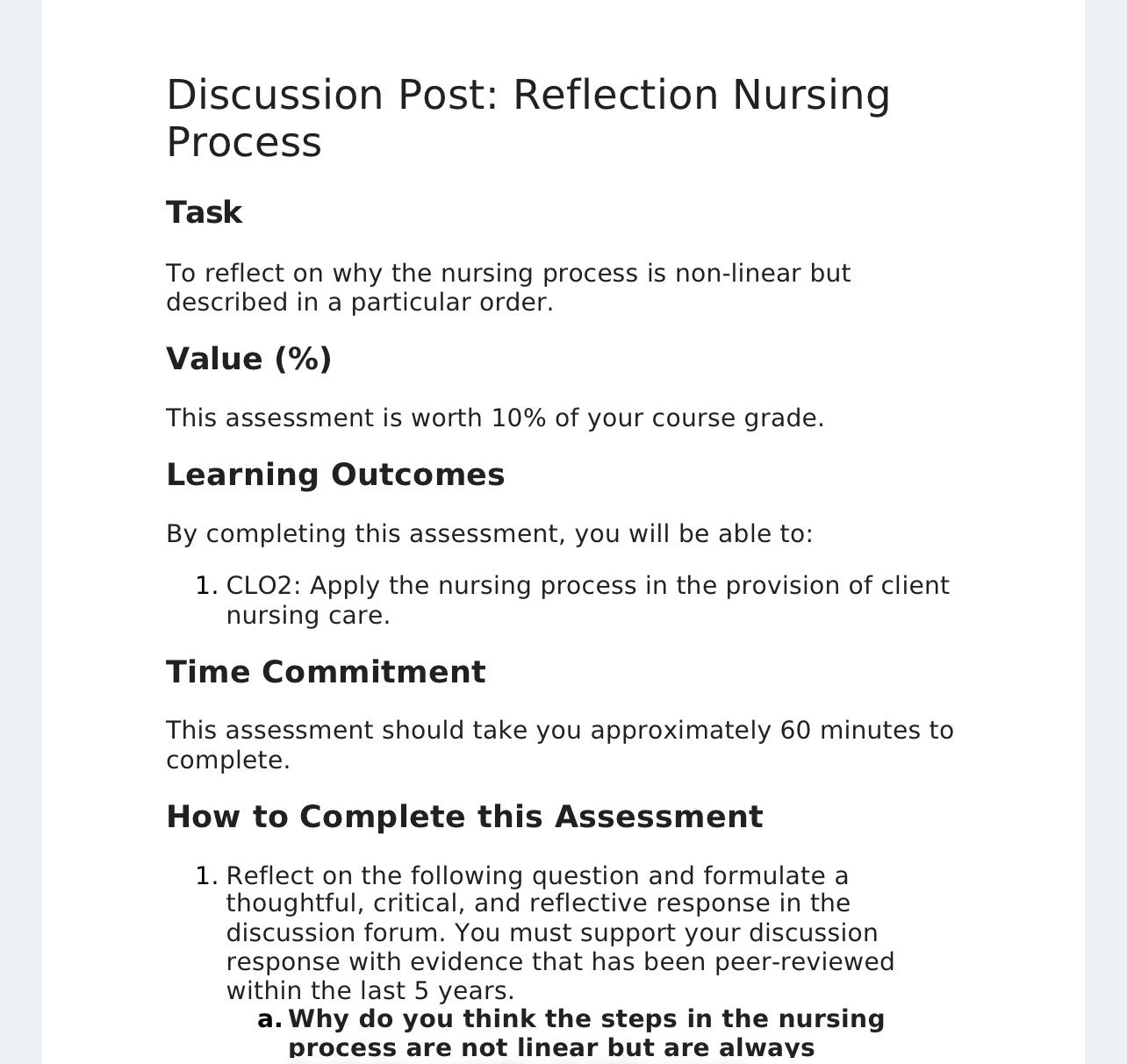 Solved Discussion Post: Reflection Nursing ProcessTaskTo | Chegg.com