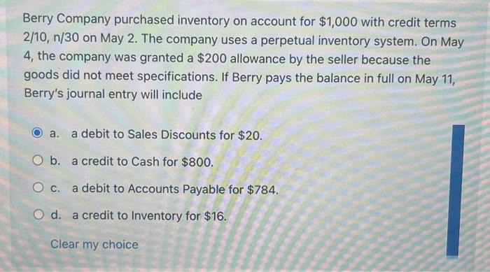 Solved Berry Company purchased inventory on account for | Chegg.com