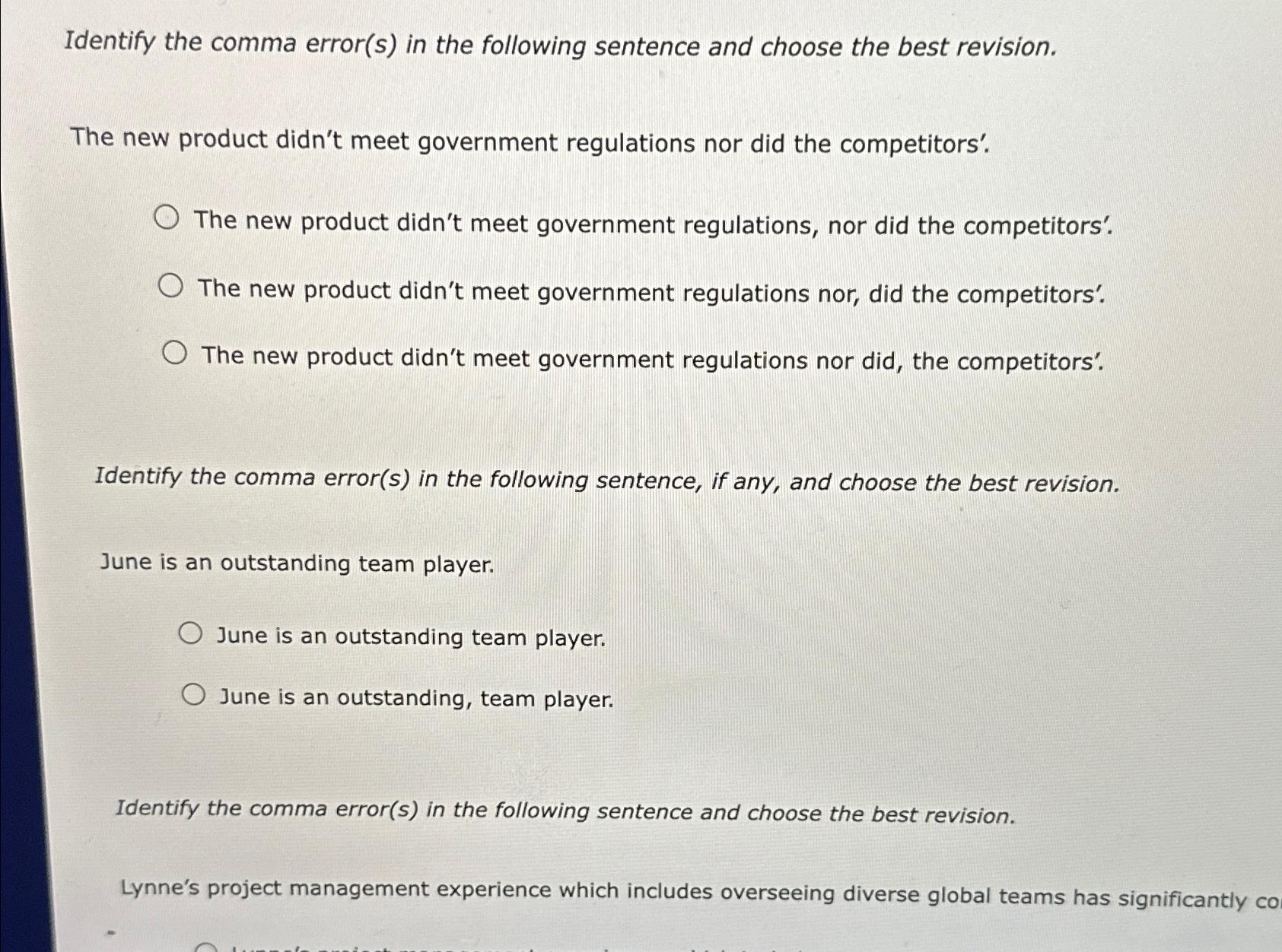 Solved Identify the comma error(s) ﻿in the following | Chegg.com