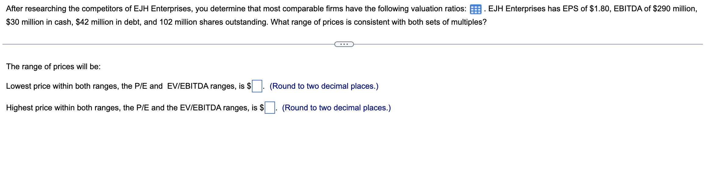Solved $30 ﻿million in cash, $42 ﻿million in debt, and 102 | Chegg.com