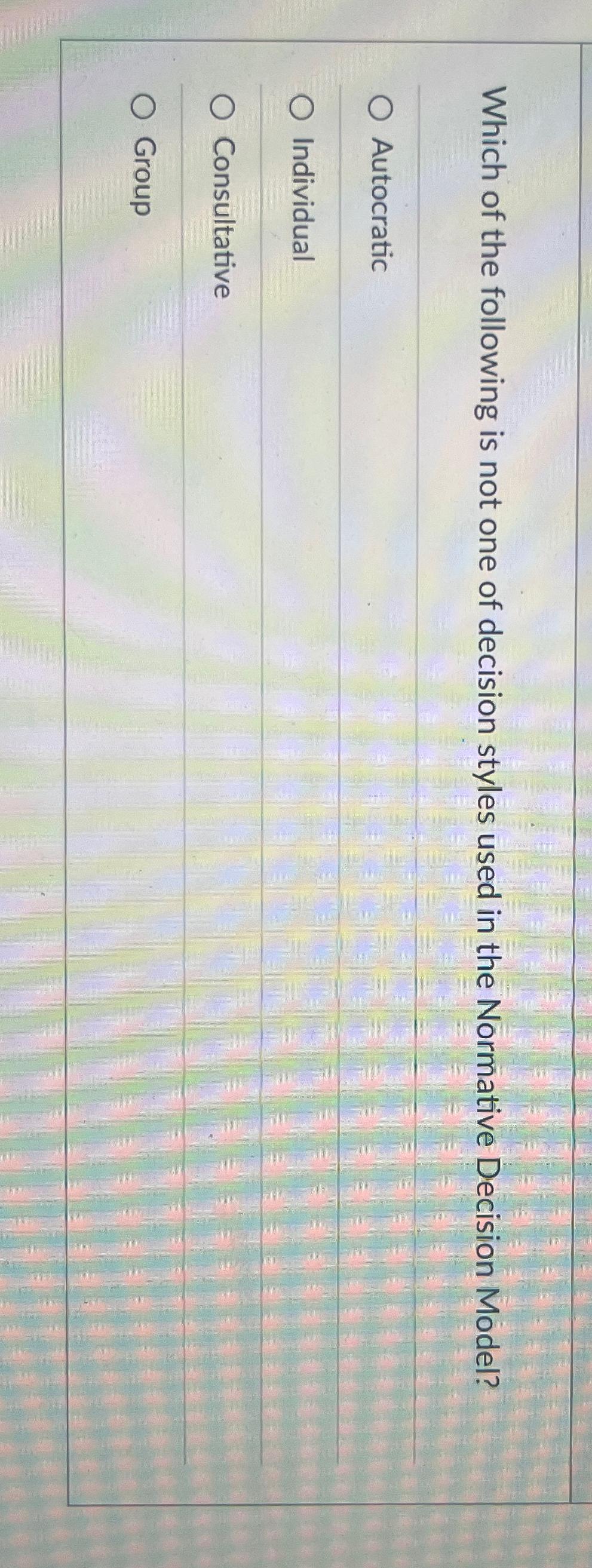 Solved Which of the following is not one of decision styles | Chegg.com