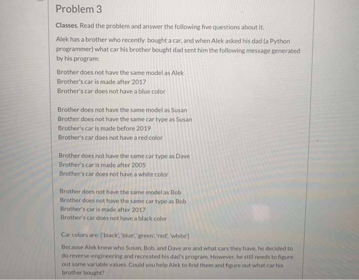 Solved Problem 3 Classes. Read the problem and answer the | Chegg.com