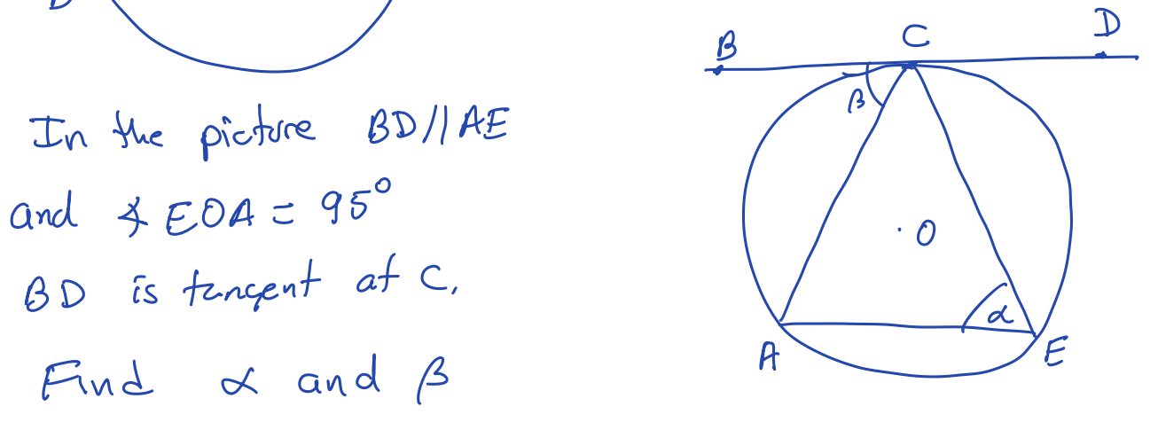 Solved BD/AE EOA=95°BD ﻿is tuncent at C,Find α ﻿and β | Chegg.com