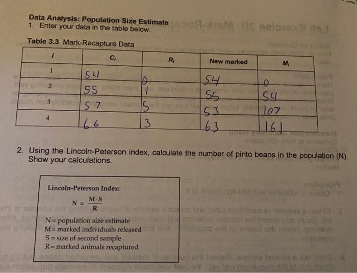 Data Analysis: Population Size Estimate 1. Enter your | Chegg.com