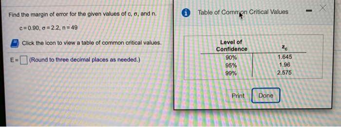 Solved 1 Table of Common Critical Values Х Find the margin | Chegg.com