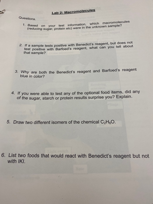 Lab 2: Macromolecules Questions. Based on your test | Chegg.com