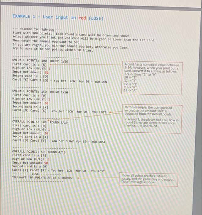 Solved 100 Main Task - HIGH/LOW CARD GAME Unlike our | Chegg.com