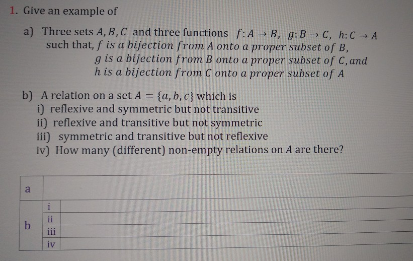 Solved 1. Give an example of a) Three sets A,B,C and three | Chegg.com