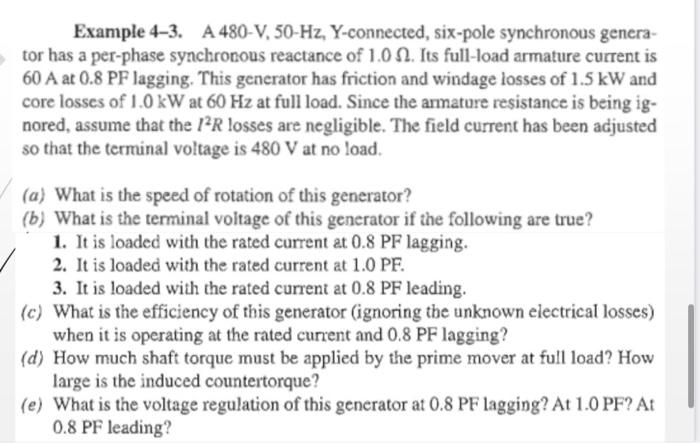 Solved Example 4-3. A 480-V, 50-Hz, Y-connected, six-pole | Chegg.com