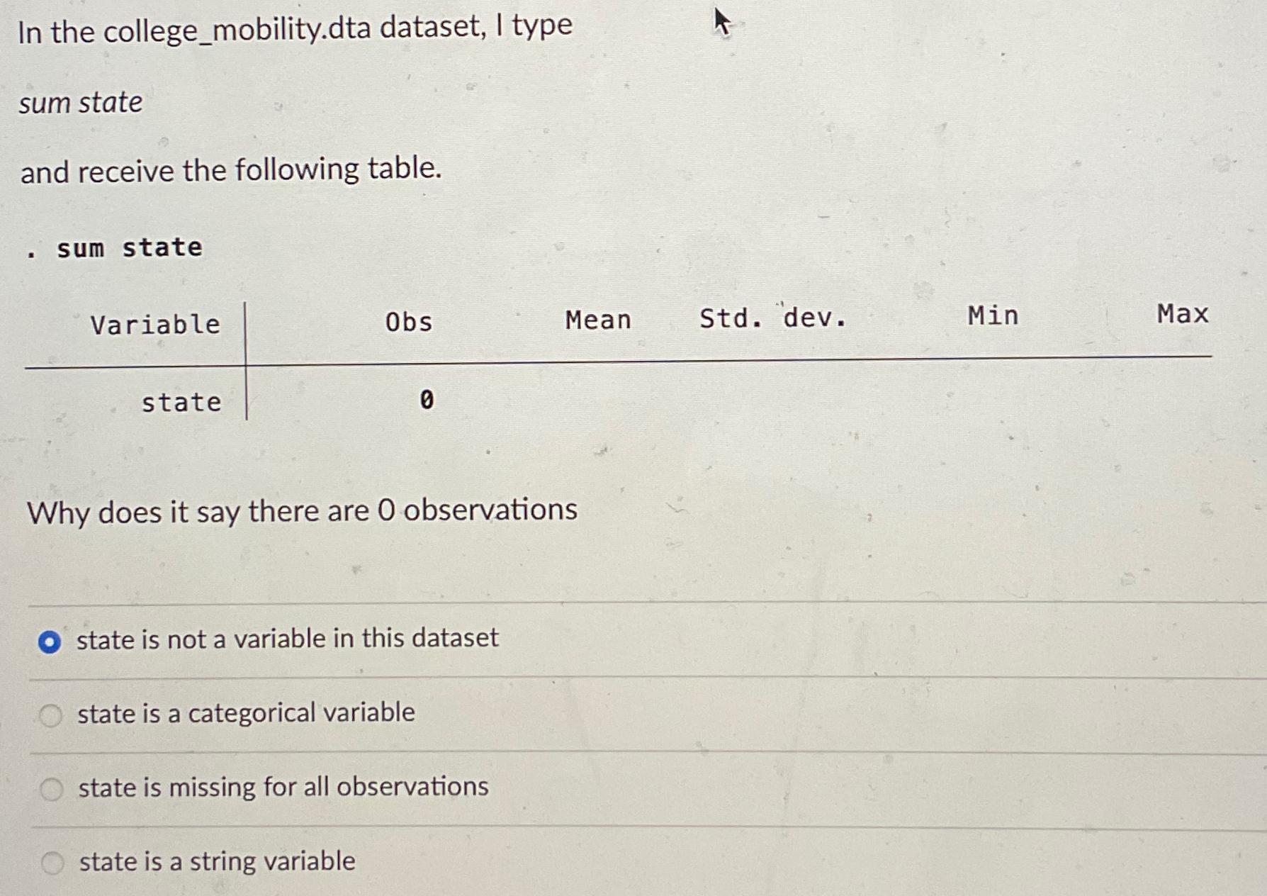 In the college_mobility.dta dataset, I type\\nsum | Chegg.com