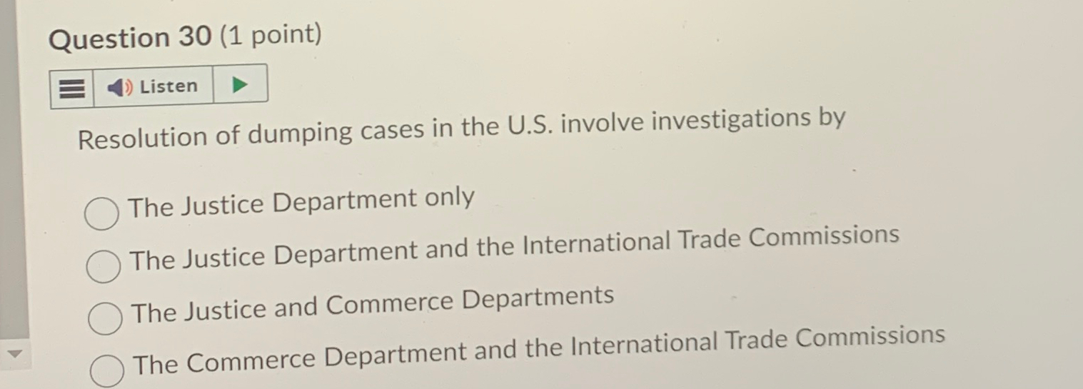 Solved Question 30 (1 ﻿point)Resolution of dumping cases in | Chegg.com