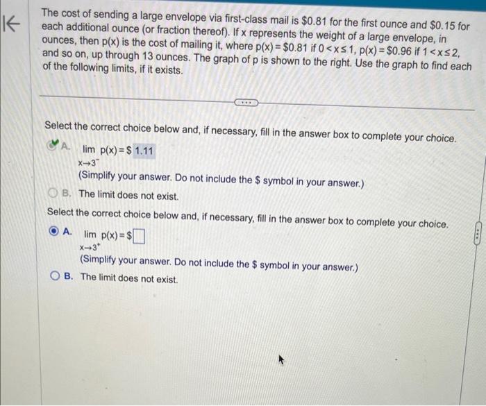 Solved The cost of sending a large envelope via first-class | Chegg.com