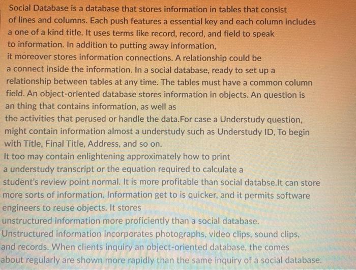 Solved Social Database Is A Database That Stores Information