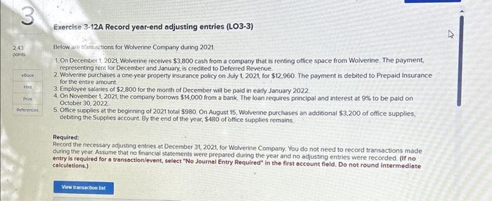 Solved Exercise 3-12A Record year-end adjusting entries | Chegg.com