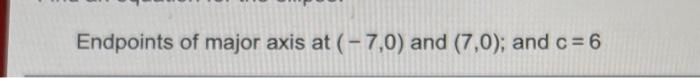 Solved Endpoints of major axis at (-7,0) and (7,0); and c = | Chegg.com